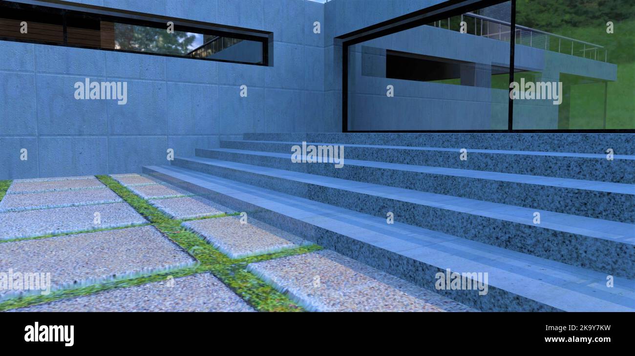 Concept of a futuristic porch. Wide granite stairs. Square slabs of ...