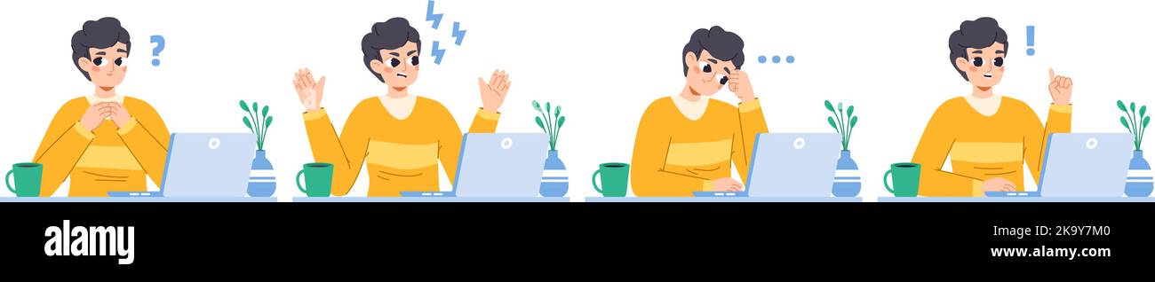 Boy work at computer, problem solution concept. Teenager thoughtful has ...