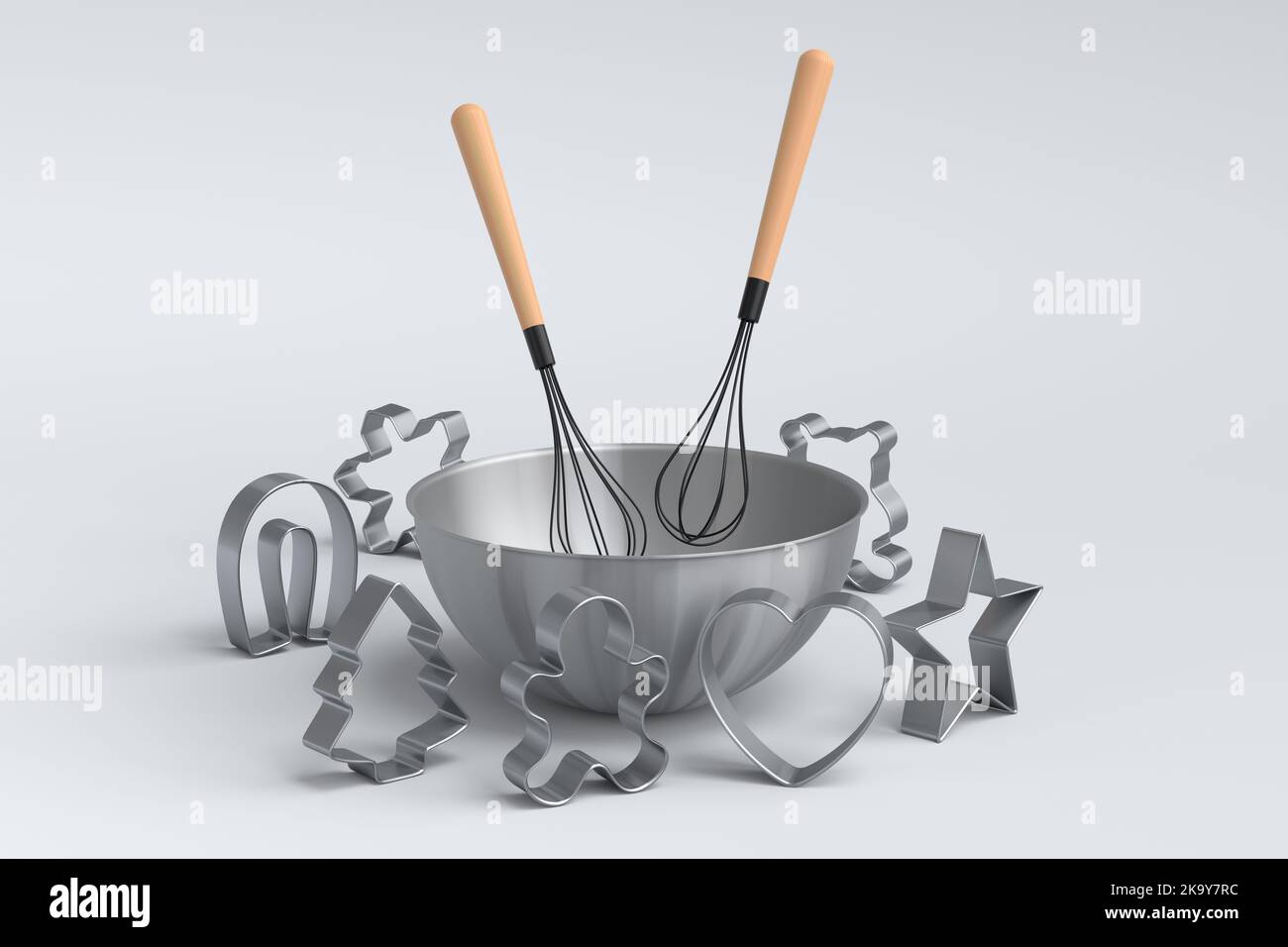 Metal bowl and cookie cutters with kitchen utensil for preparation of ...