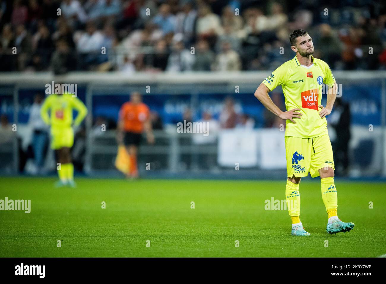 Gent's Hugo Cuypers reacts during a soccer match between Oud-Heverlee Leuven and KAA Gent ...