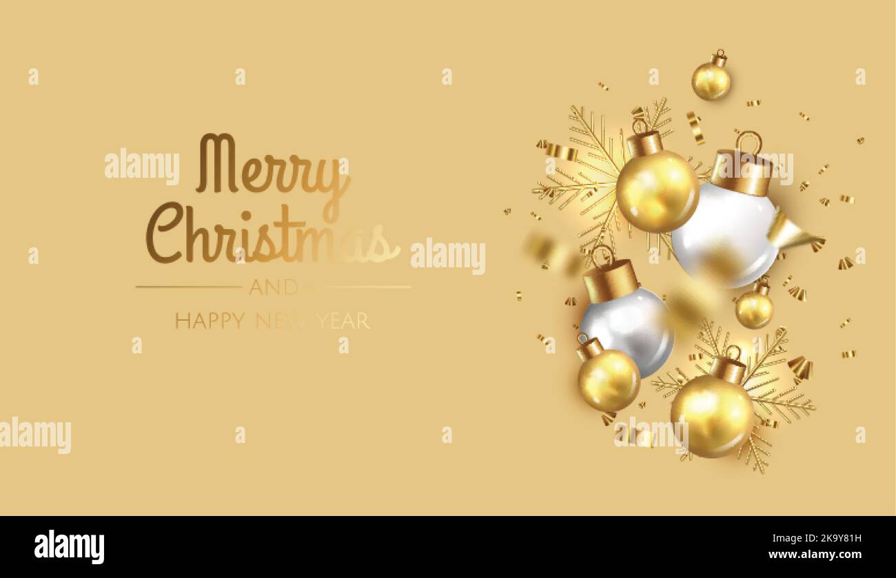 Falling shiny golden confetti and gold christmas balls, gold christmas ...