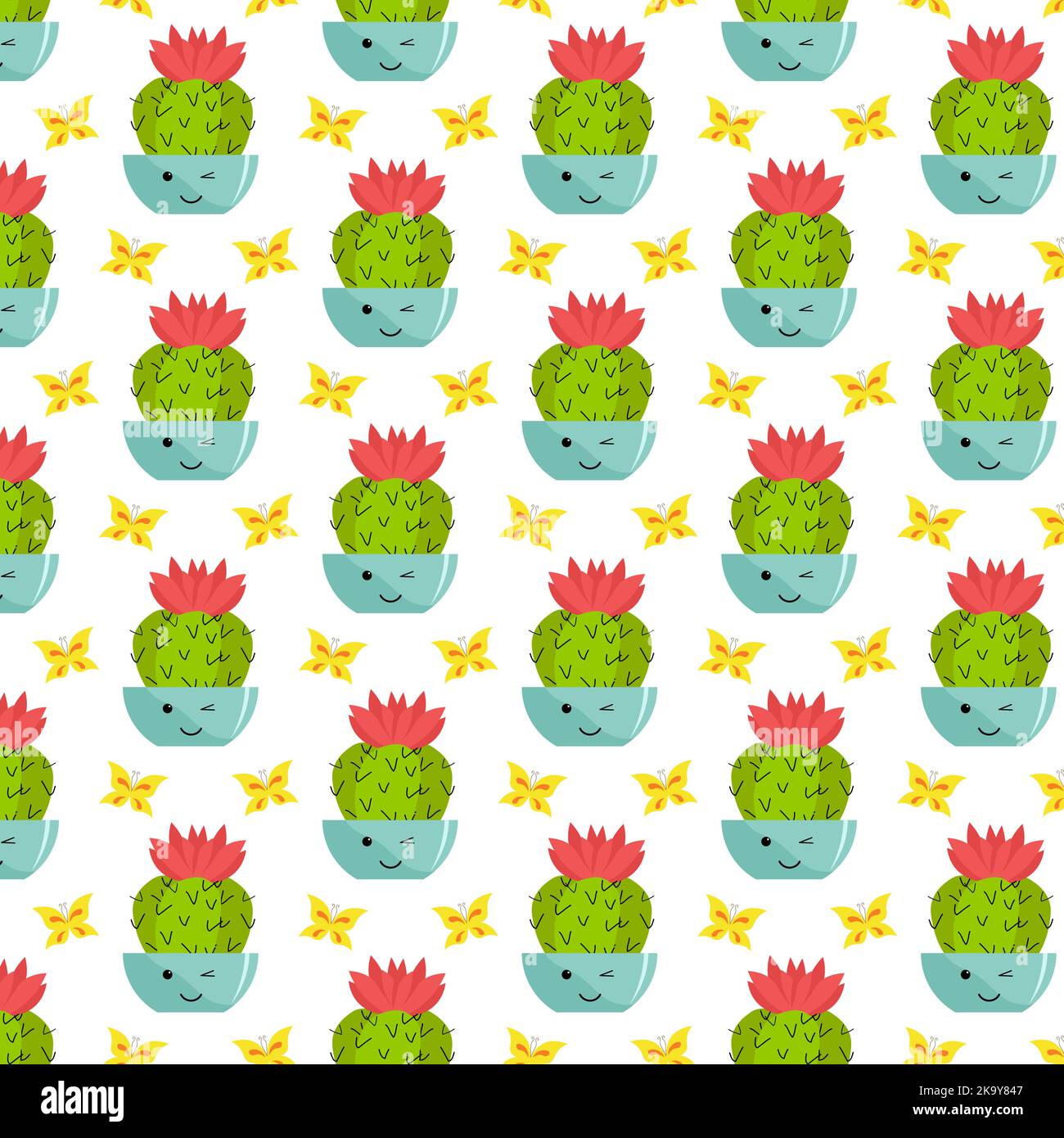 Pattern with cute cacti in pots and yellow butterflies. Vector ...