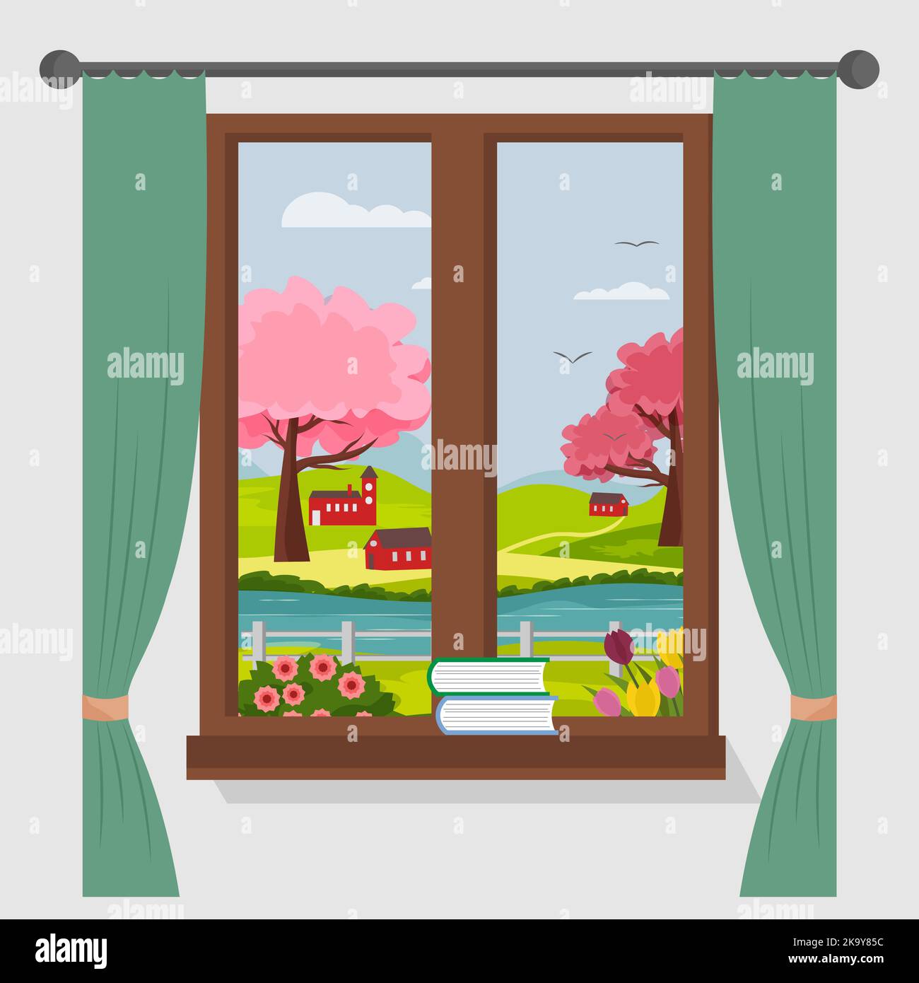 Rural landscape in spring. View from the window to the village house ...