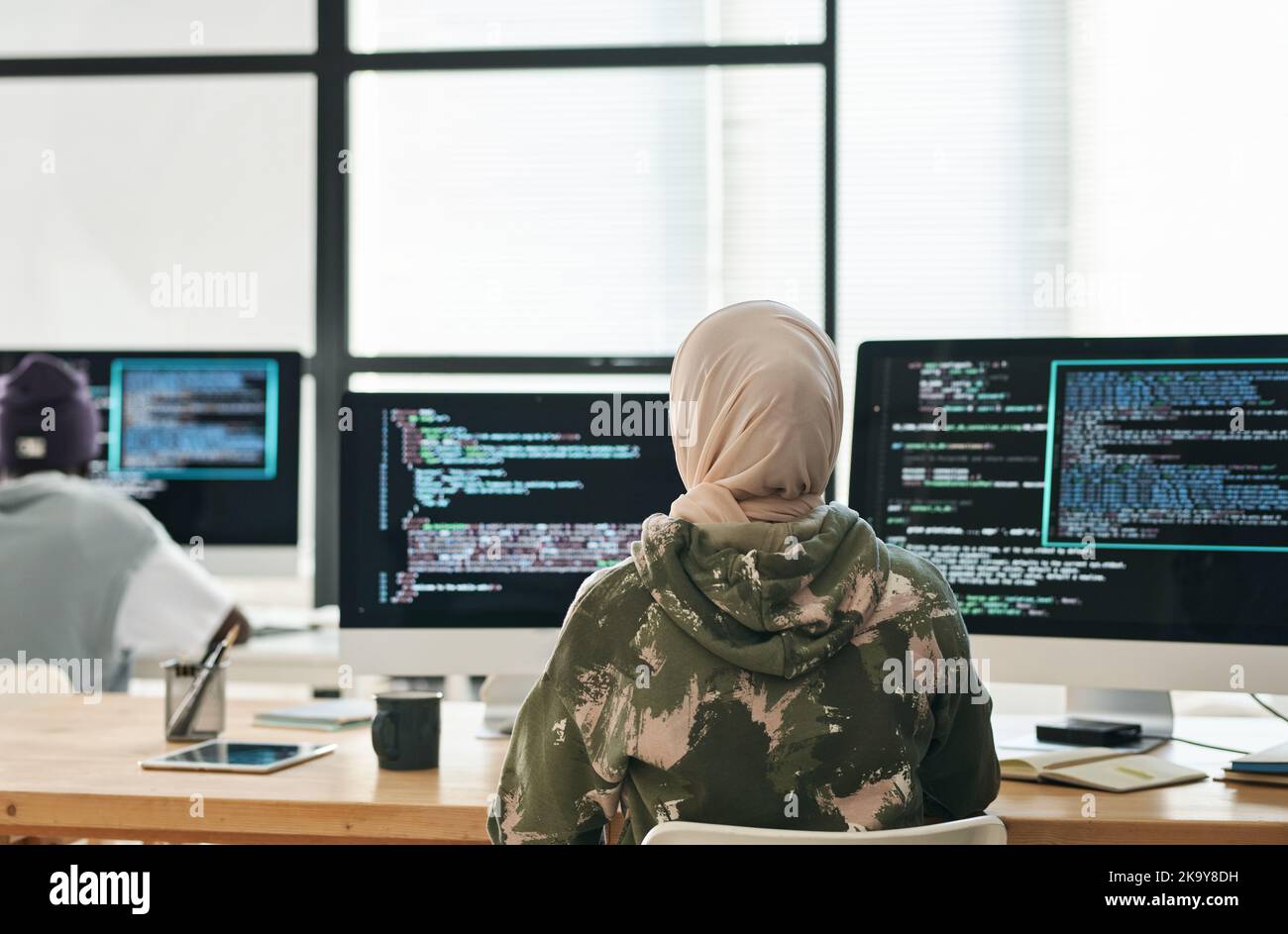 Rear view of young Muslim woman in hijab and casualwear sitting by ...