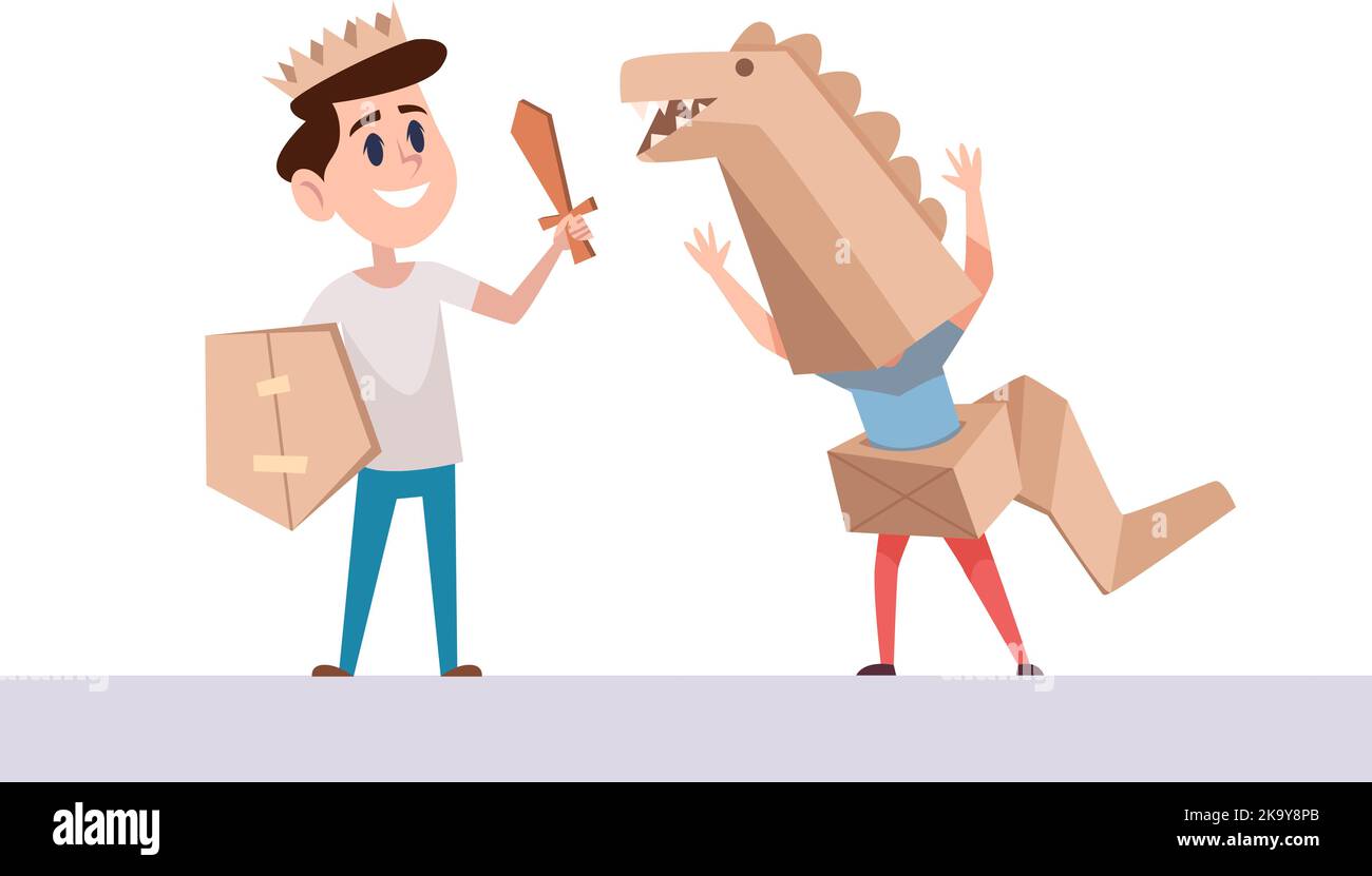 Kids in cardboard. little knight in cardboard armor fight with big ...