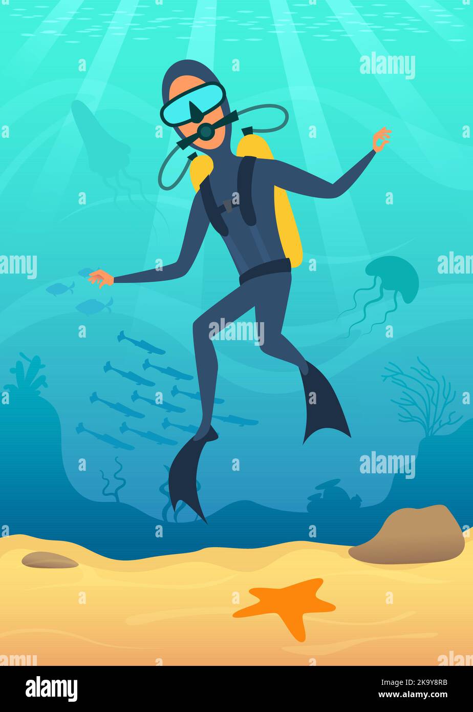 Diving. male character with scuba underwater swimming and exploring ...