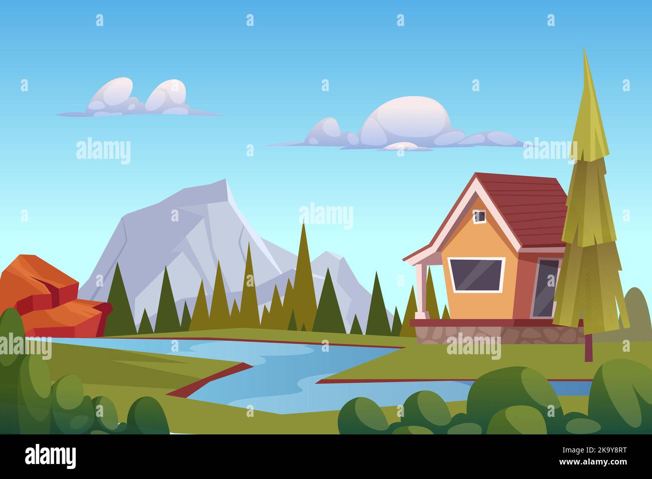 Outdoor landscape. background with house near river and mountains ...