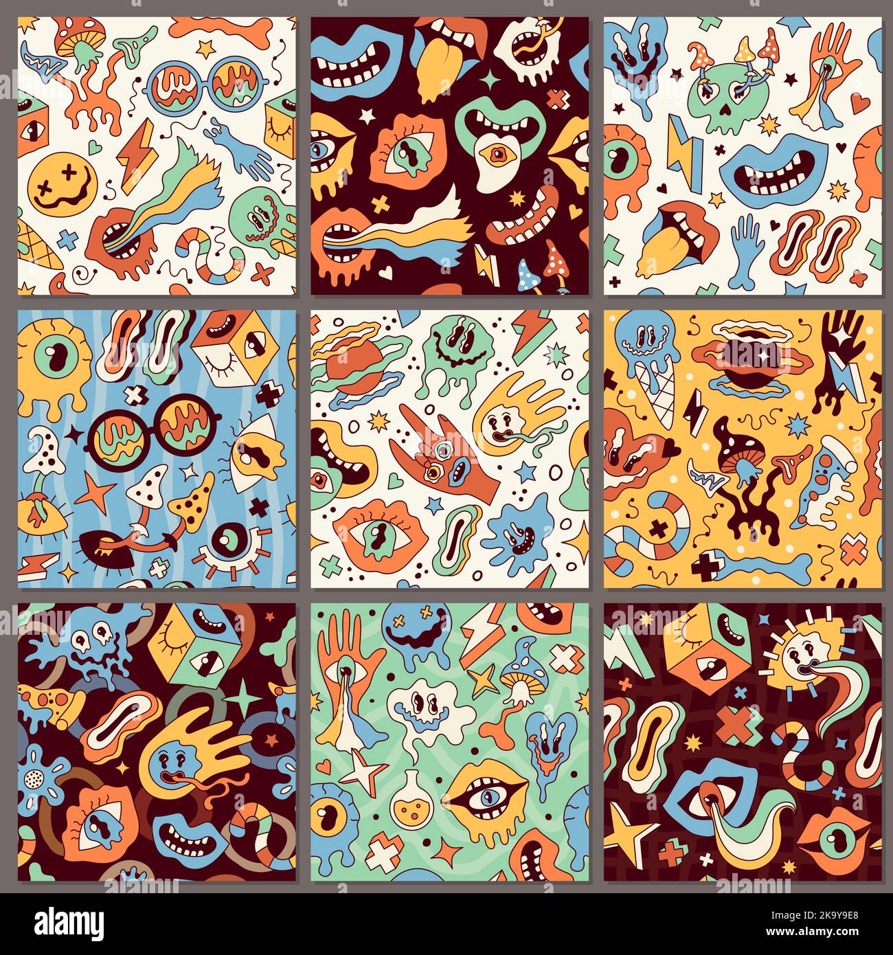 Psychedelic seamless patterns. Funky hippy retro textile design funny ...