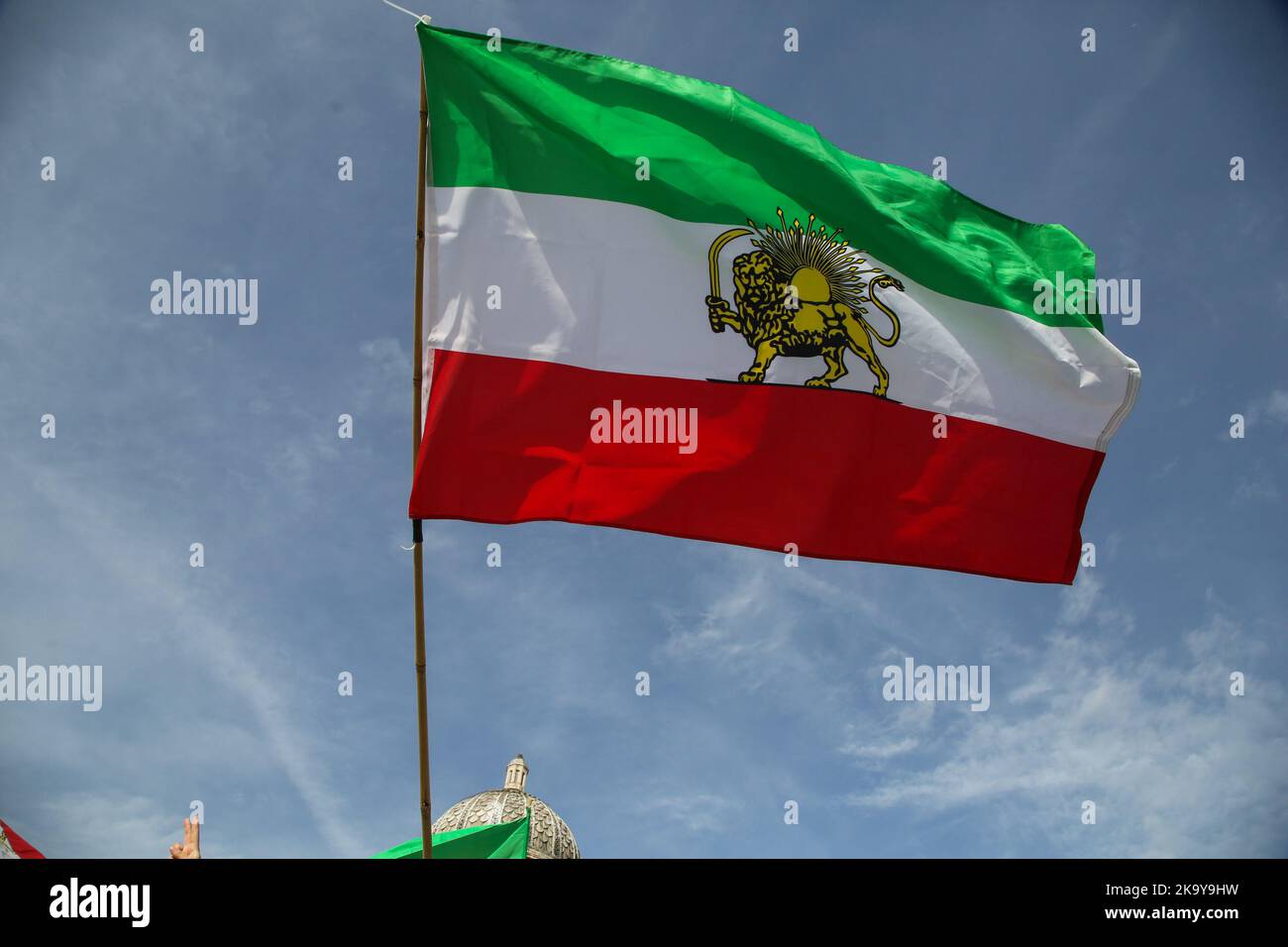 London, UK. 29th Oct, 2022. A flag of Iran flies at Trafalgar Square as ...
