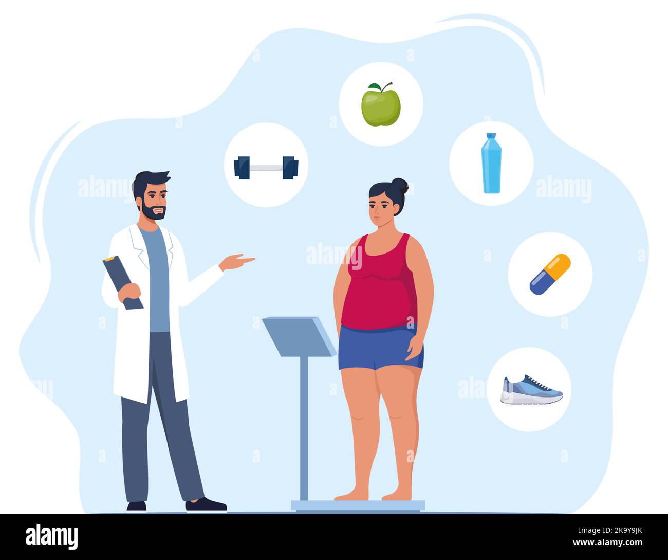 Fat Woman Standing On Weigh Scales Doctor Explain About Health And How
