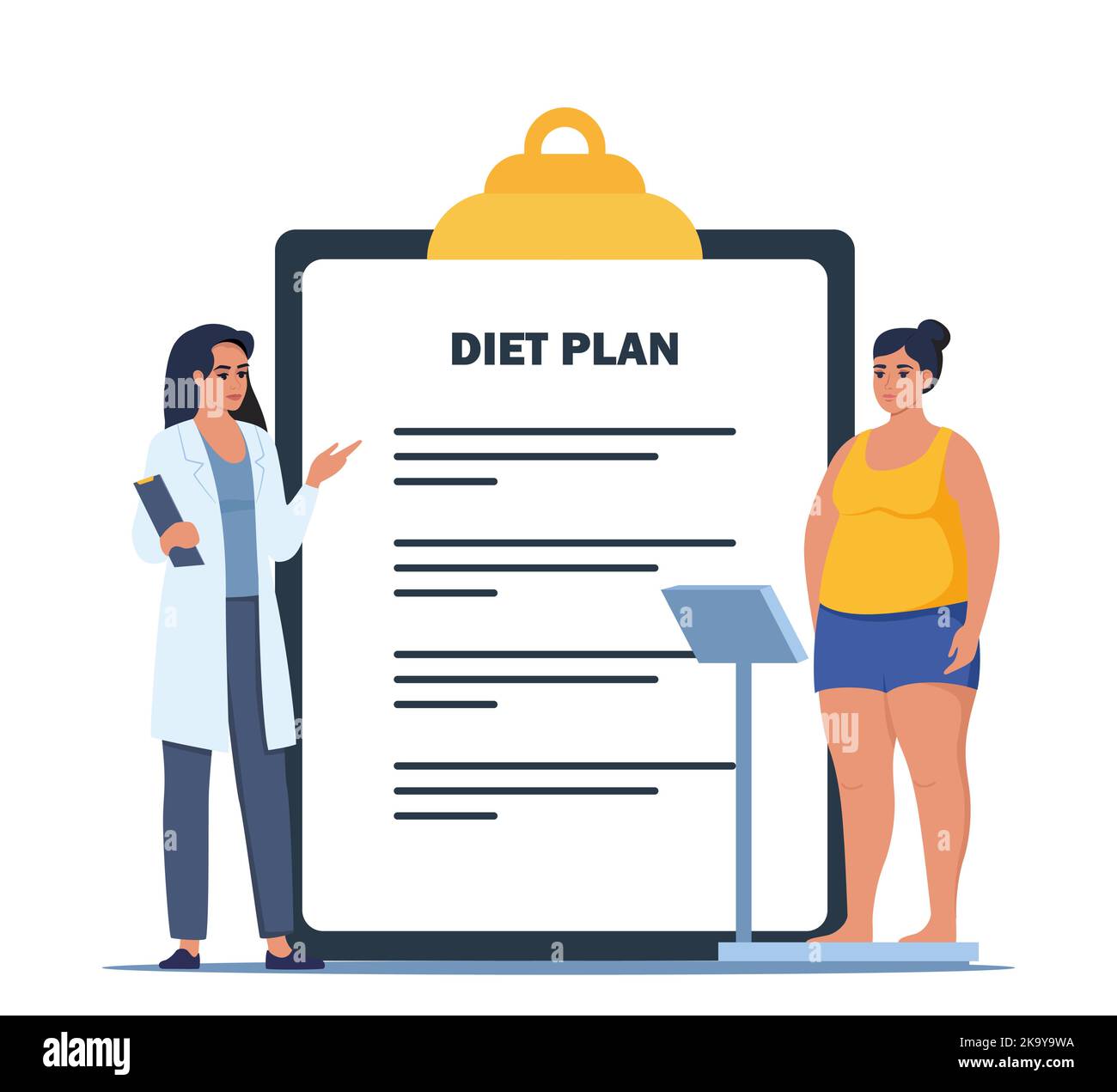 Fat woman standing on weigh scales. Doctor explain about health and how ...