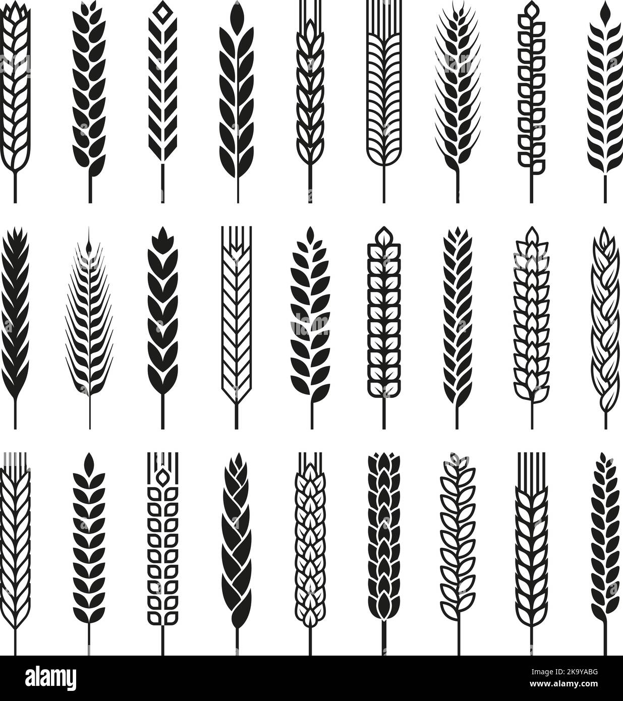 Black wheat silhouettes icons. Ears grains, bakery and bread symbol ...