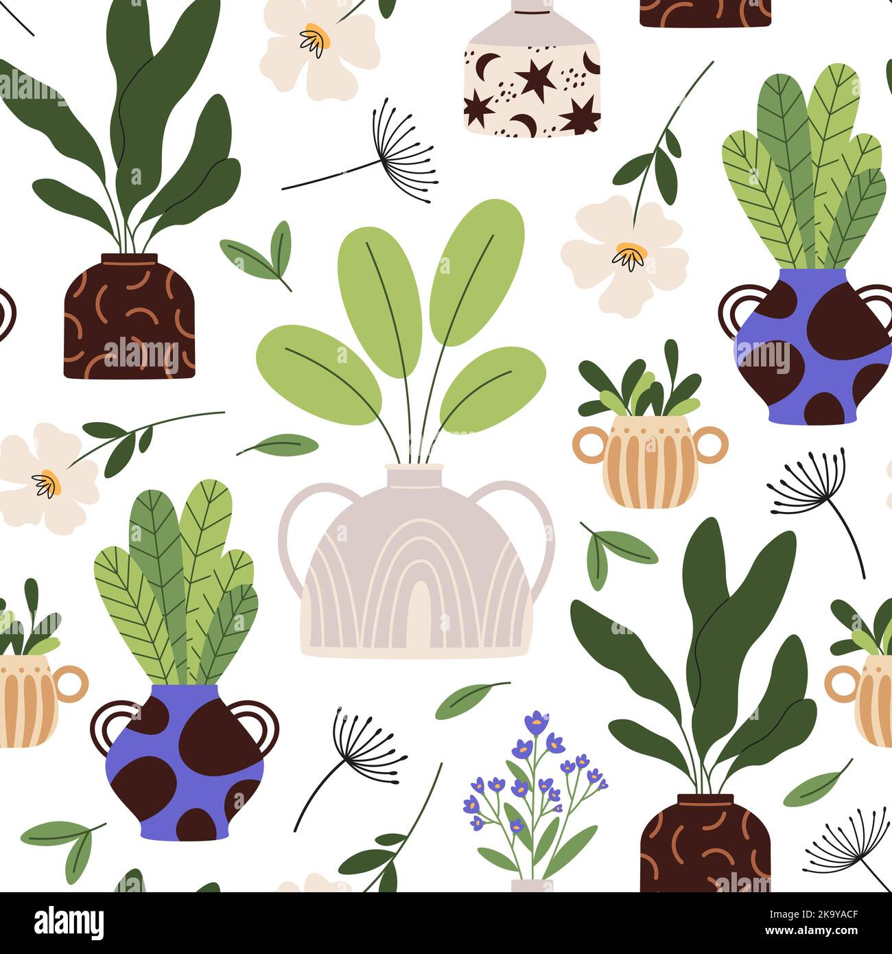 Ceramic vases seamless pattern. Scandinavian vase and pots with green ...