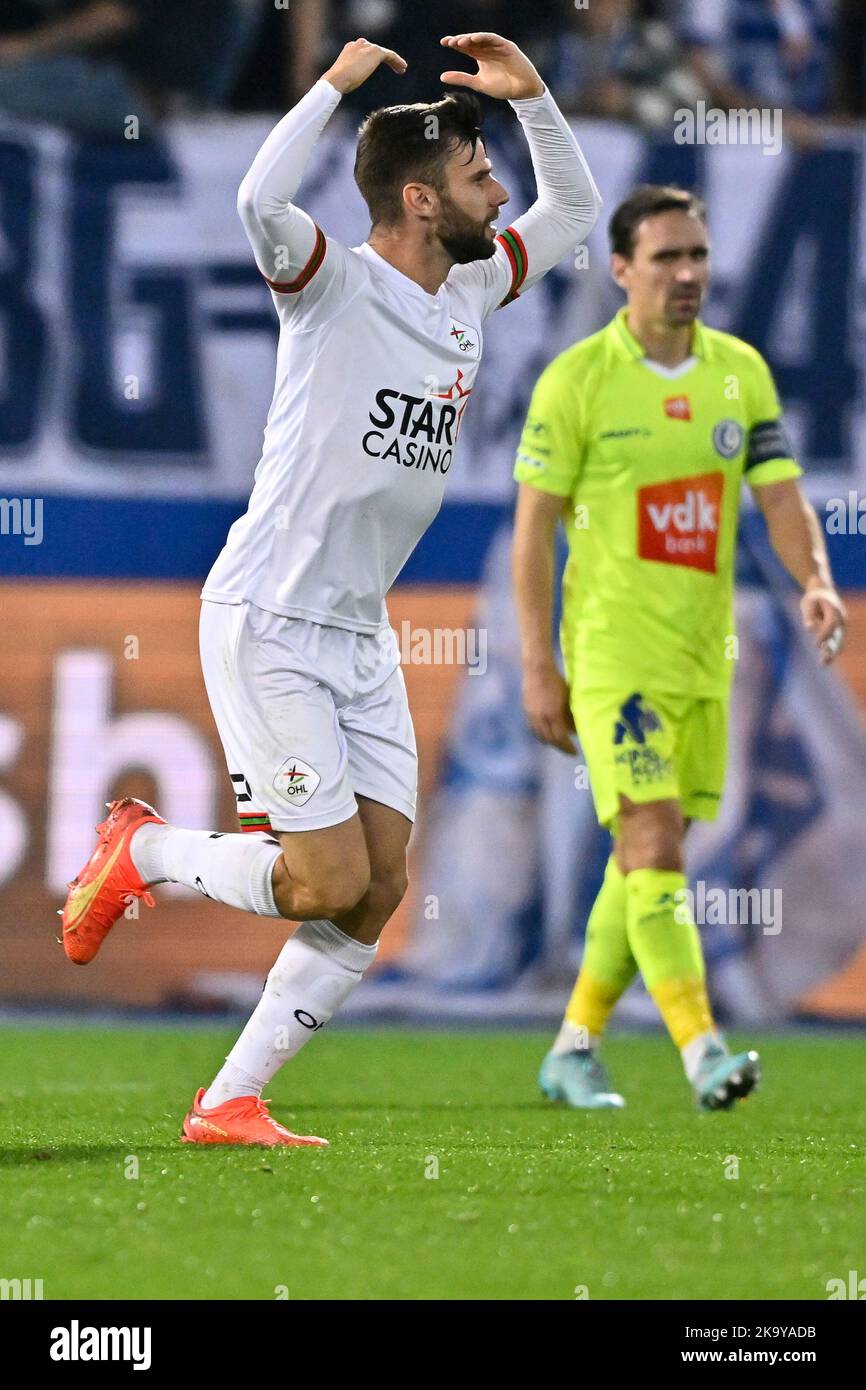 OHL's Mario Gonzalez celebrates after scoring during a soccer match ...