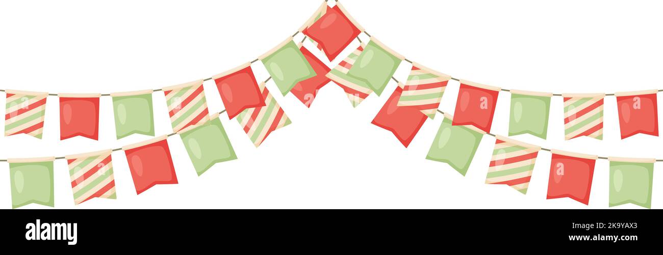Celebration flag garland bunting. Red, green, beige pennants chain ...