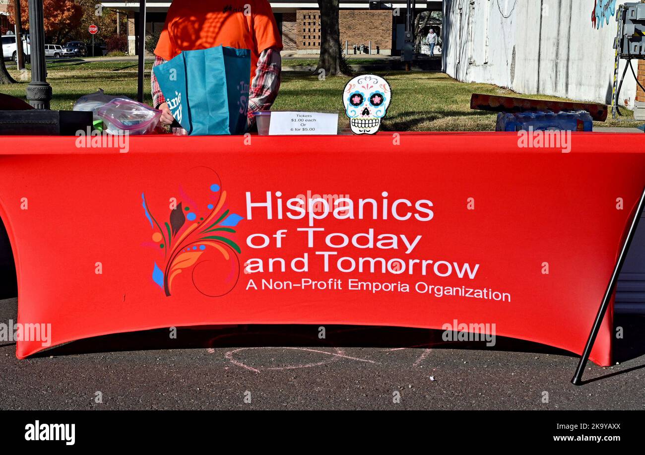 EMPORIA, KANSAS - OCTOBER 29, 2022 Sign at booth for the Hispanics of ...