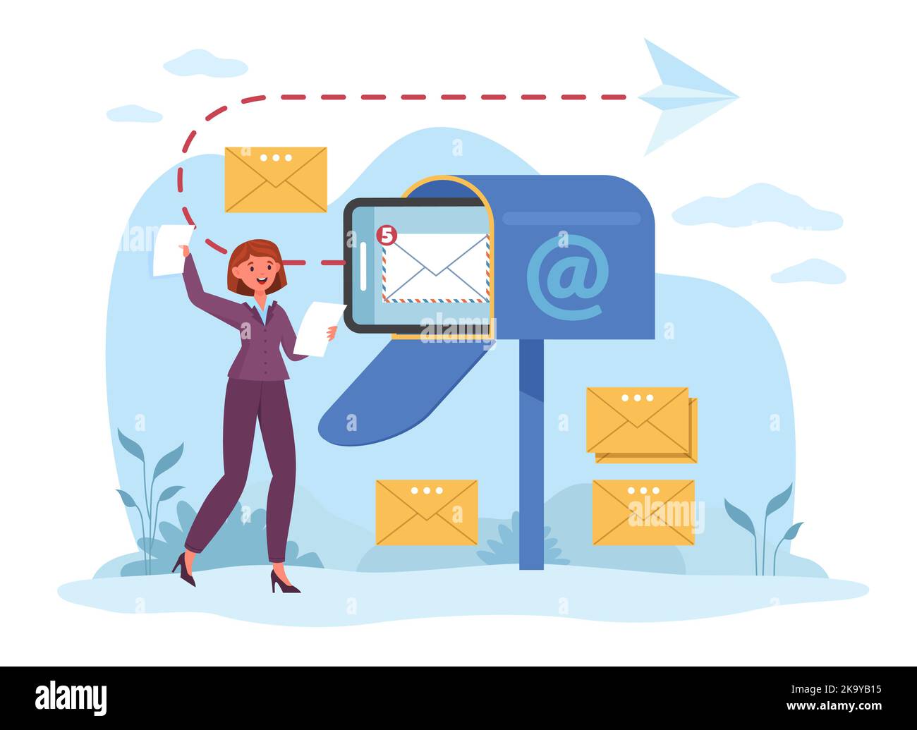 E-mail, digital letter, Internet text broadcast. Woman mail sending and ...