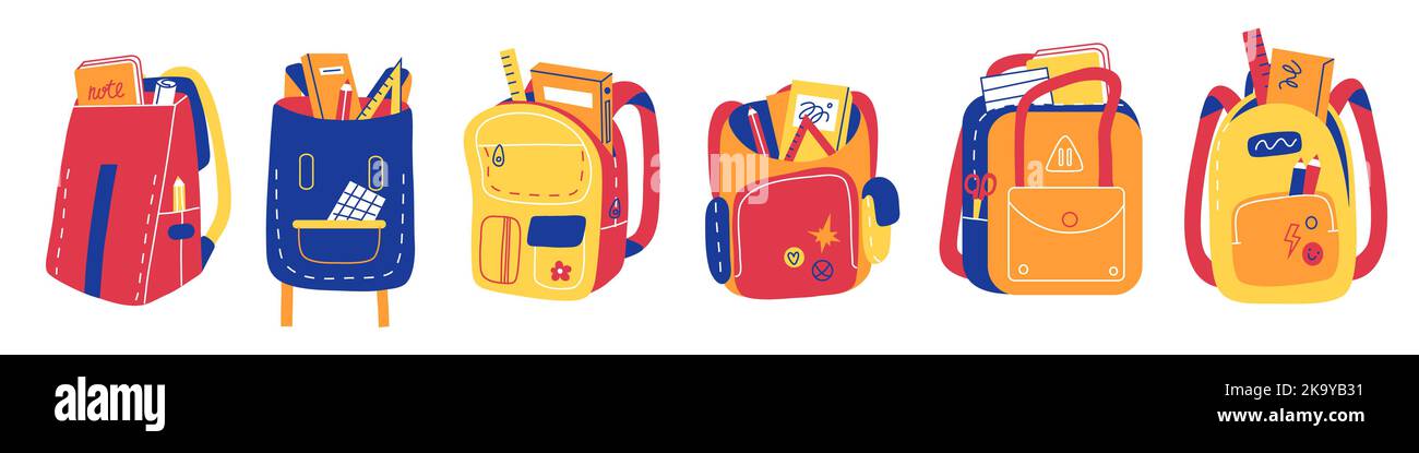 Color backpacks with school elements. Bright students stationery ...
