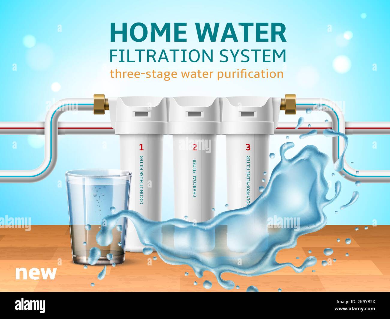 Realistic home water filtration system. 3d aqua clearing, several ...