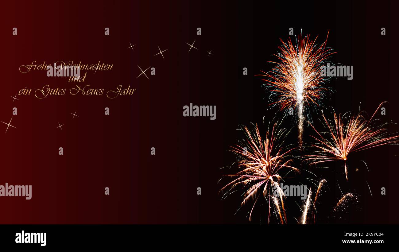 new year congratulations stand on a red background with fireworks in ...