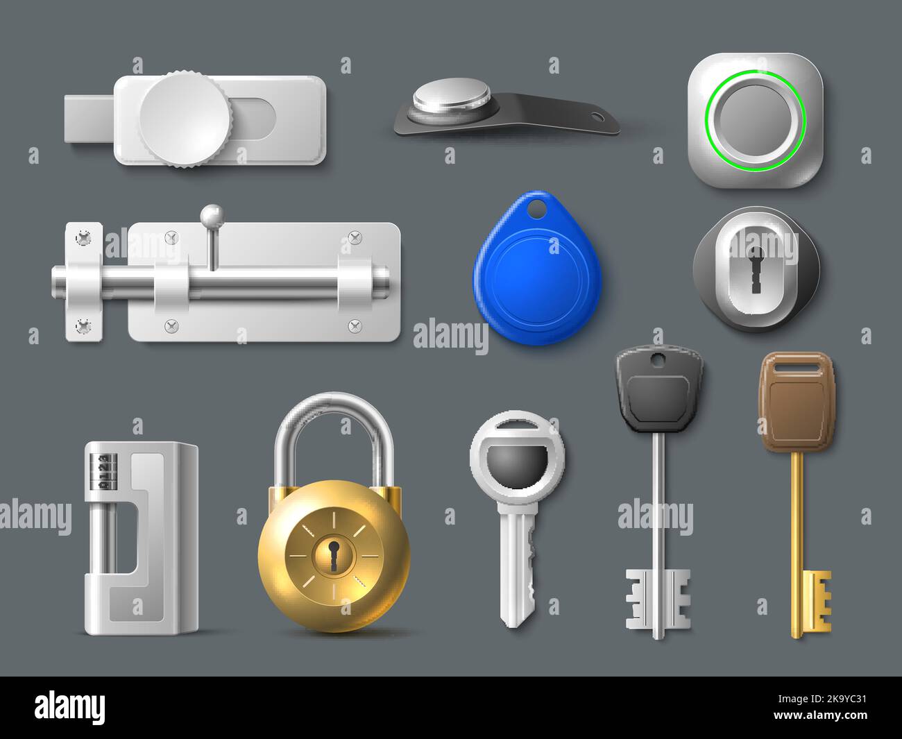 Realistic keys and locks. 3d isolated metal door locks, latches for doors and cupboard, padlocks ...