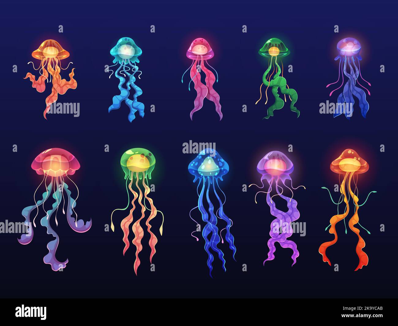 Glowing jellyfishes. Exotic sea creatures, deep water ocean animals ... Glowing jellyfishes. Exotic sea creatures, deep water ocean animals ...