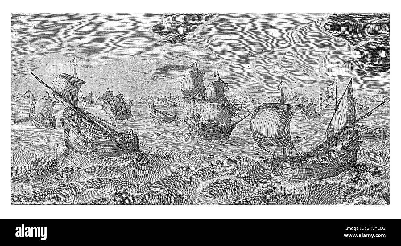 In the foreground two ships, the crew of which is busy hauling in a net ...