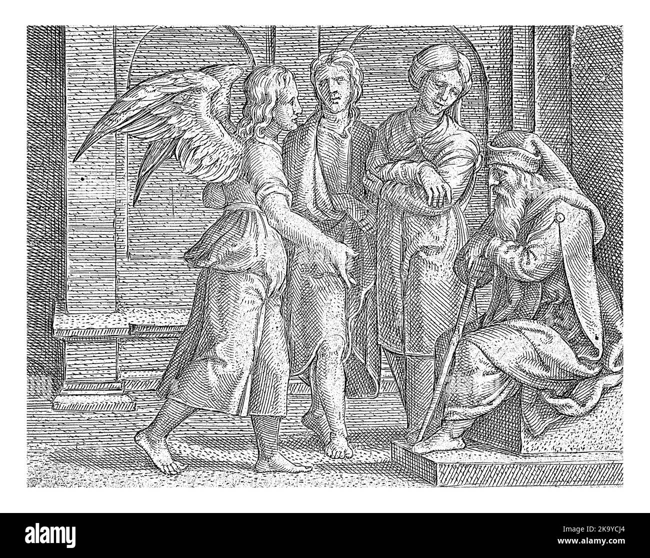 The angel Raphael introduces himself to the seated blind Tobit. Between ...