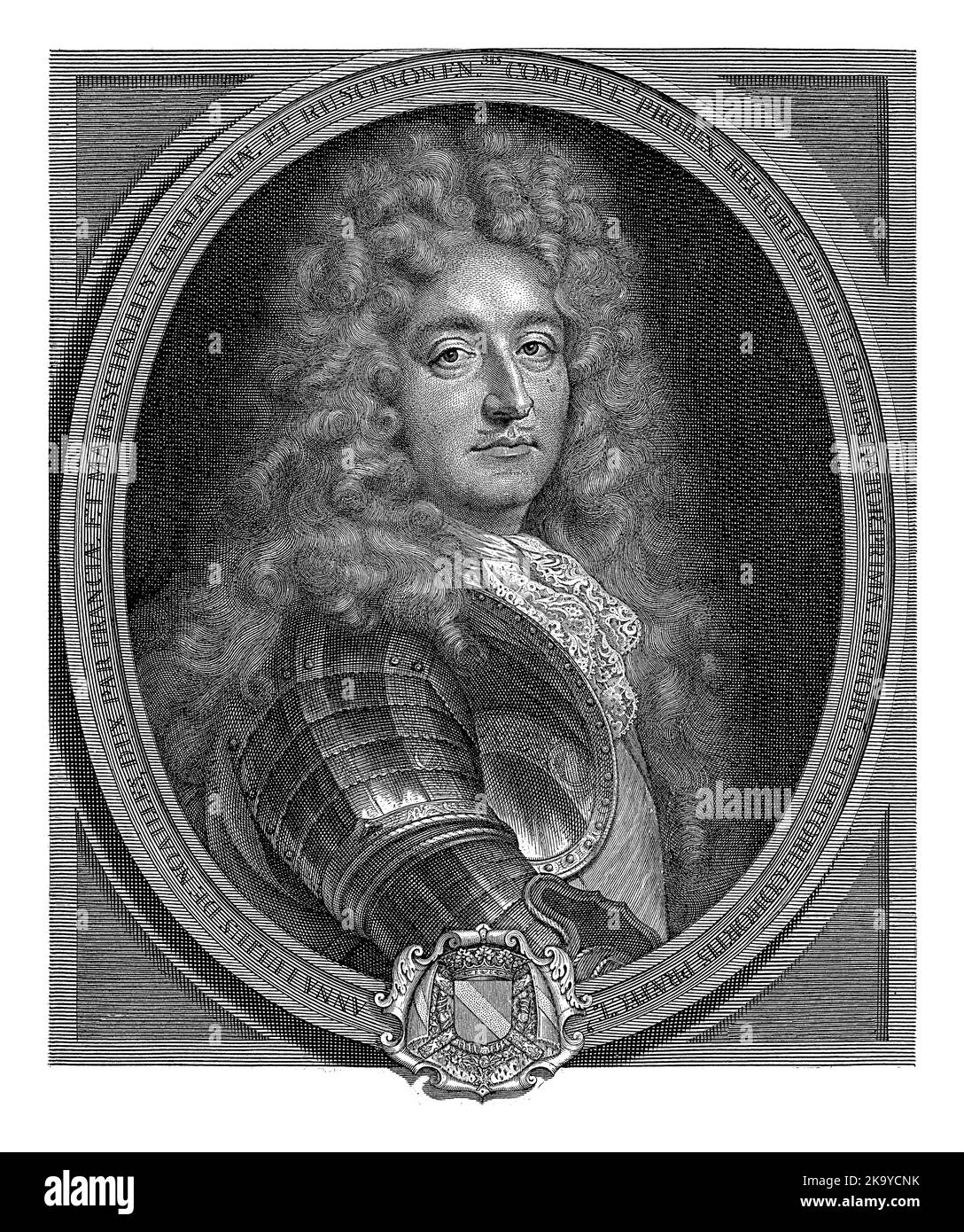 Portrait of Marshal Anne Jules de Noailles. In the oval frame are name ...