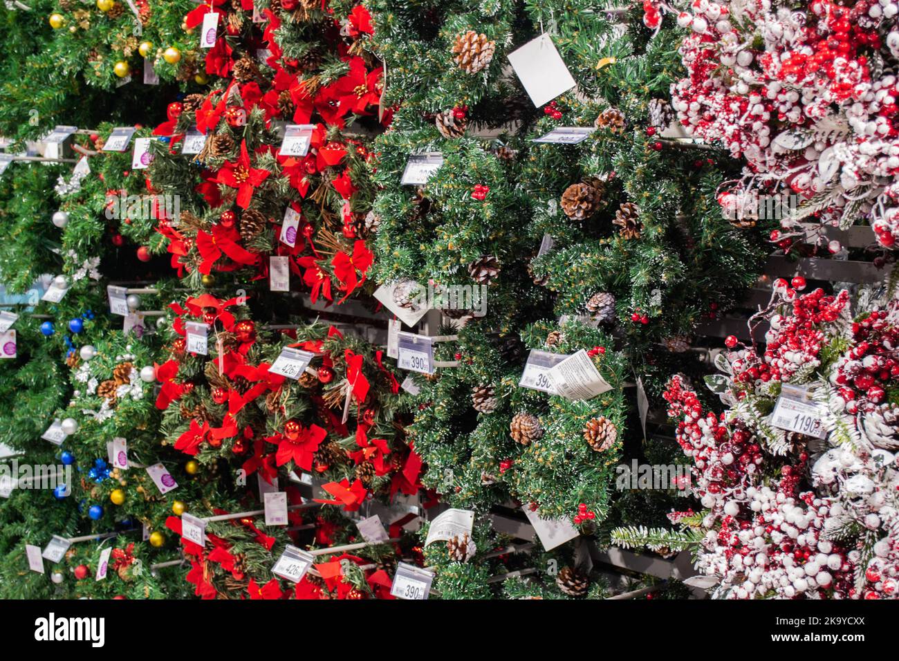 Moscow, Russia, November 2020: a Large number of Christmas tree wreaths ...