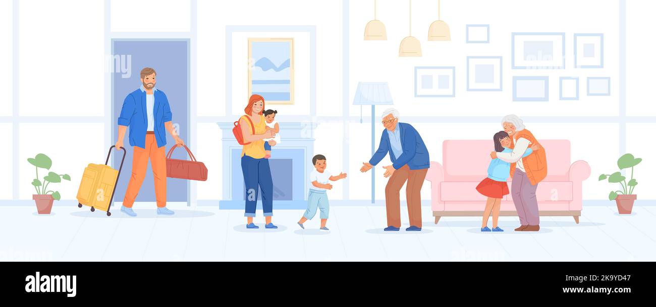 Visiting grandparents. Happy family with children visit grandparent ...