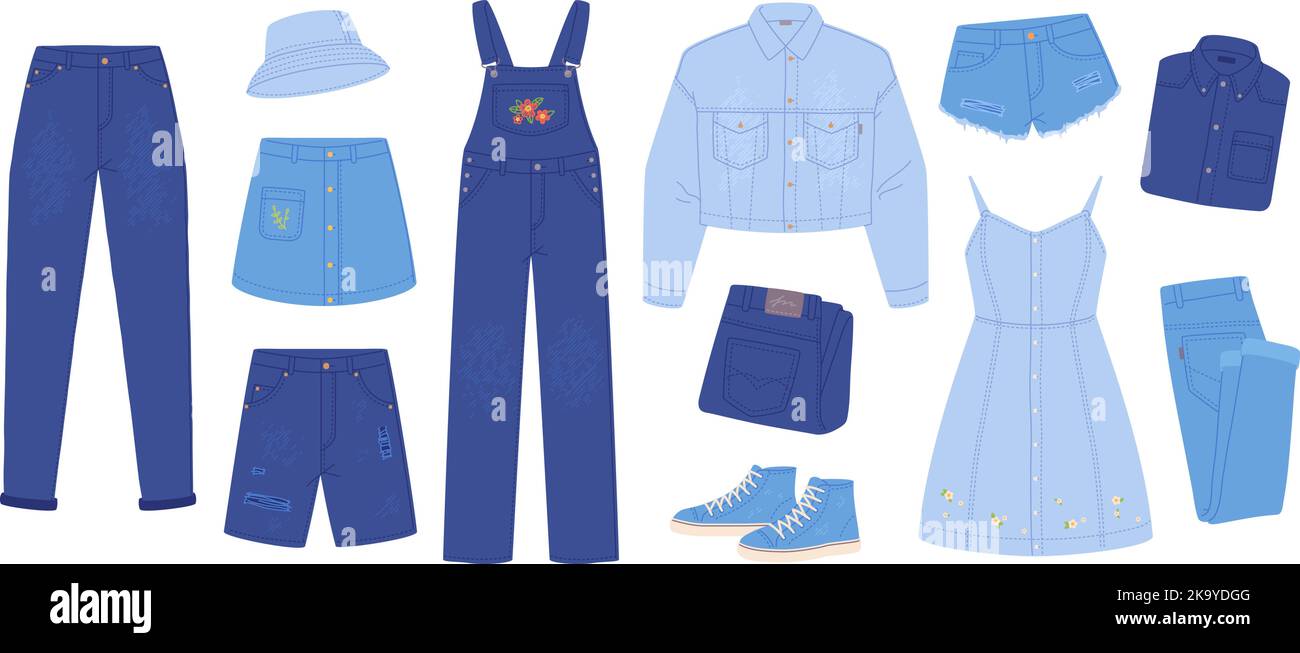 Cartoon denim clothes. Folded jeans clothing pants dresses overalls or ...