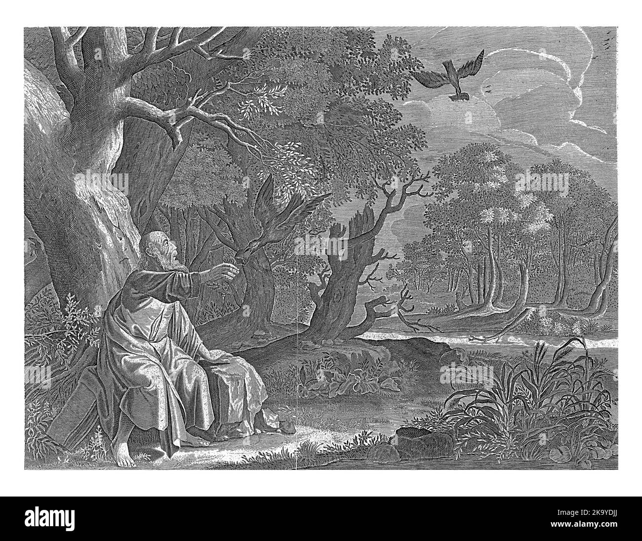 Elijah sits on the left under a tree by a river, where the ravens come ...