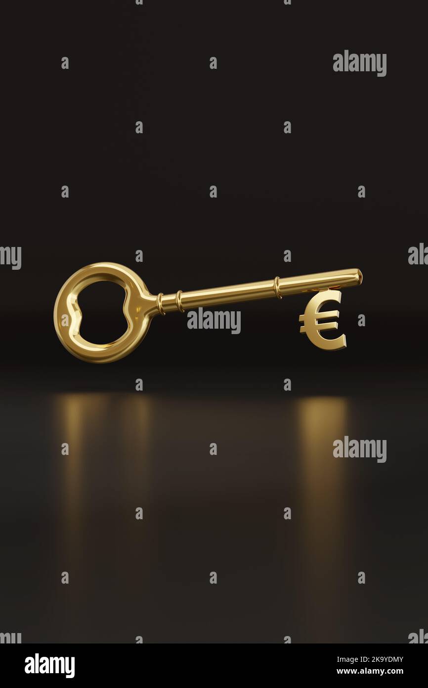 Golden key with euro sign on black background. 3d illustration Stock ...