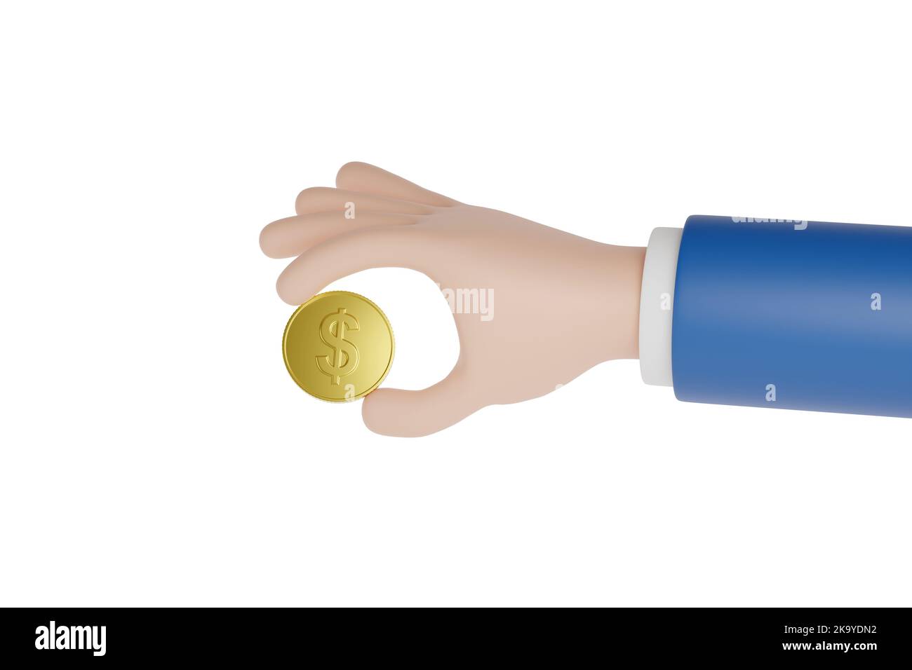 Cartoon hand holding a Dollar coin isolated on white background. 3d ...