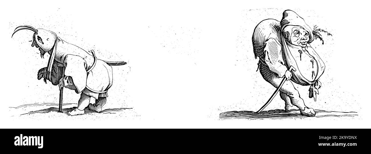 Dwarf with sling, crutch and sword; Dwarf with walking stick, Jacques ...