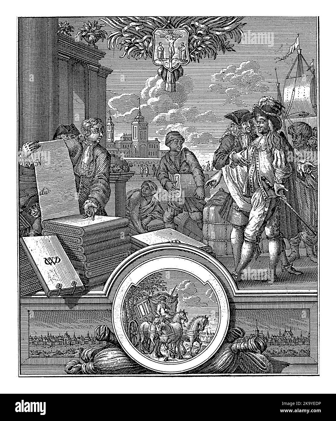 A man shows a pile of cloth to merchants. One of the pieces bears the ...