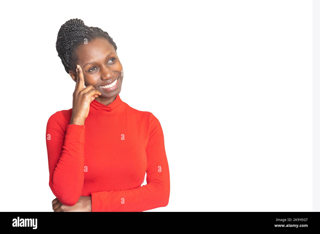 Young african woman thinking.Isolated background on white Stock Photo ...