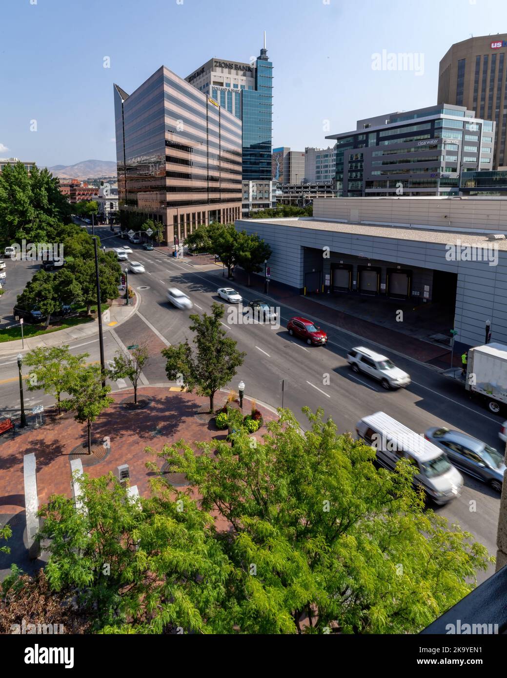 Traffic drives past some of the iconic buildings of Boise Stock Photo ...