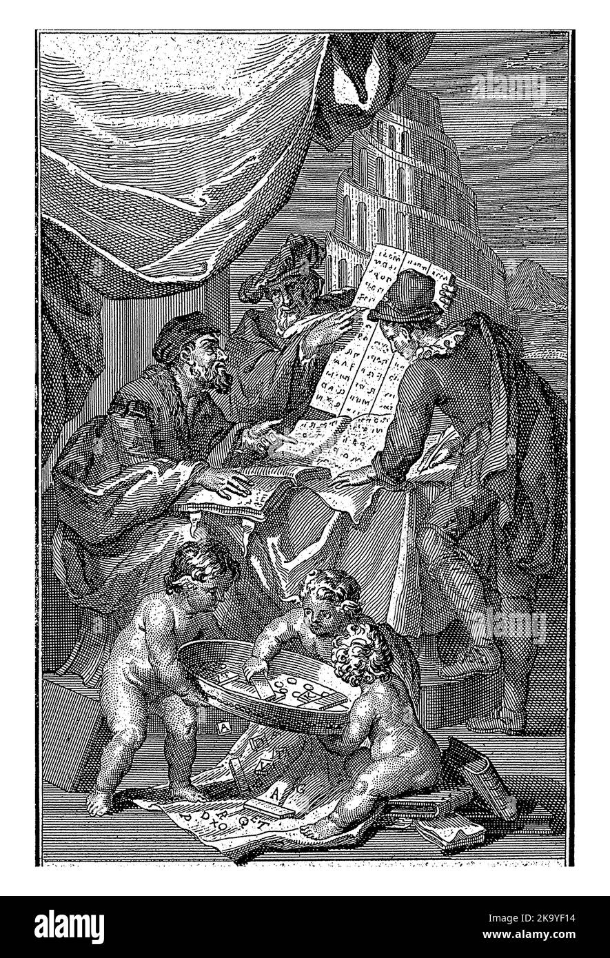 Three men around a table study a book and papers. In the foreground ...