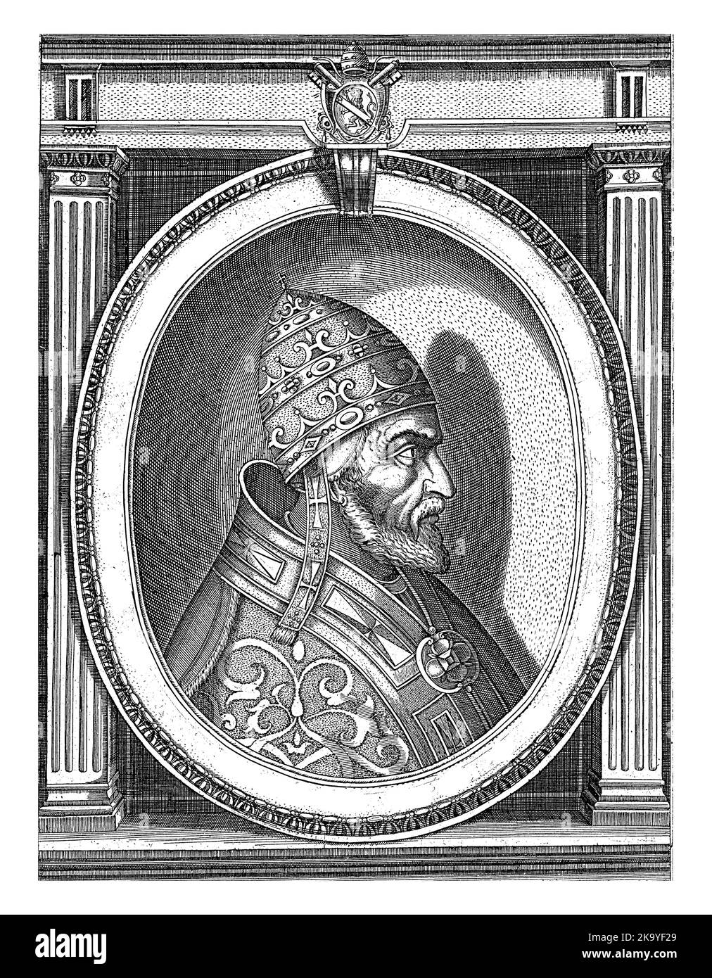 Portrait of Pope Sixtus V dressed in the papal robes, head adorned with ...