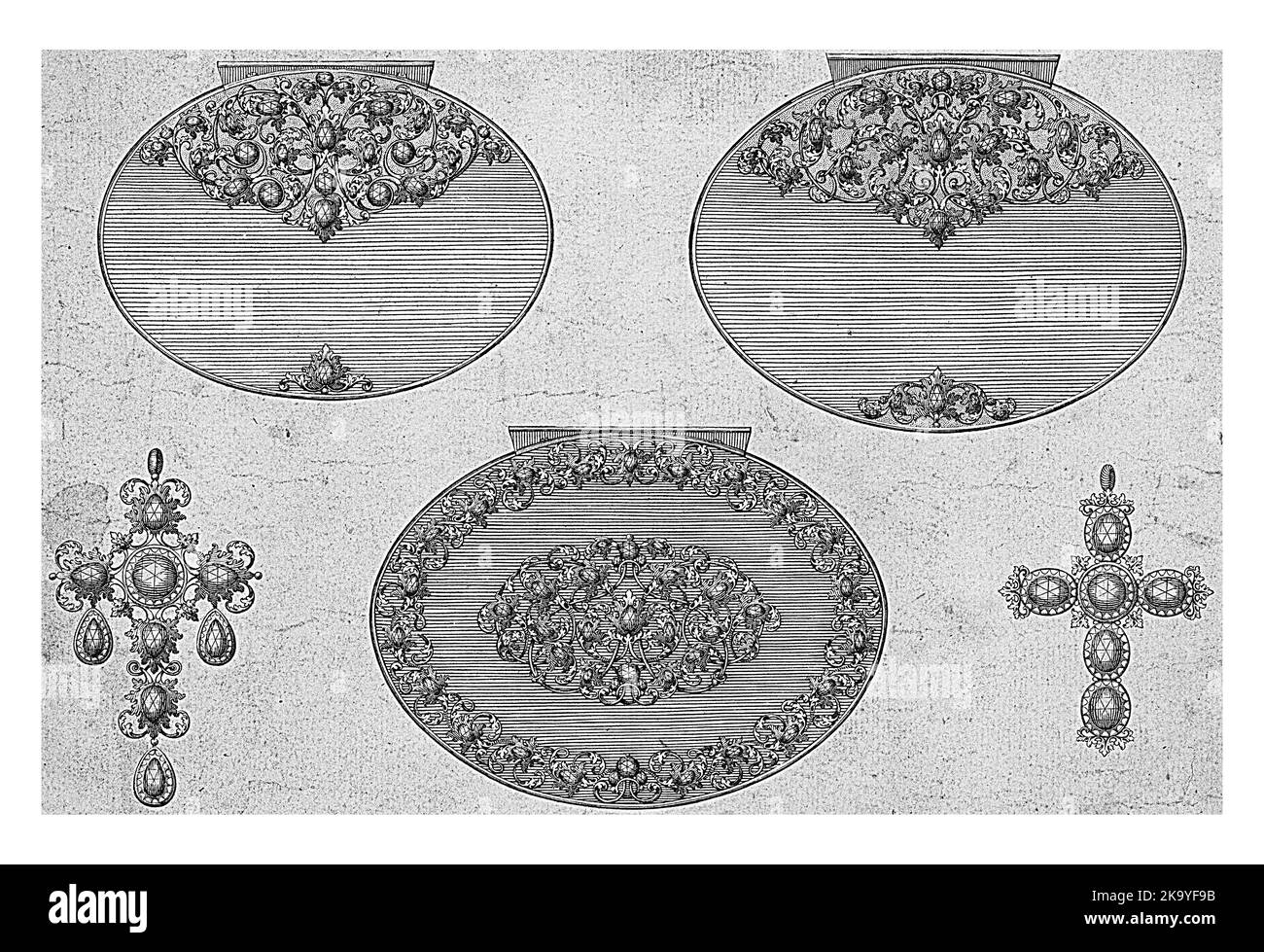 Designs for three lids for (powder) boxes and two hangers. The right ...