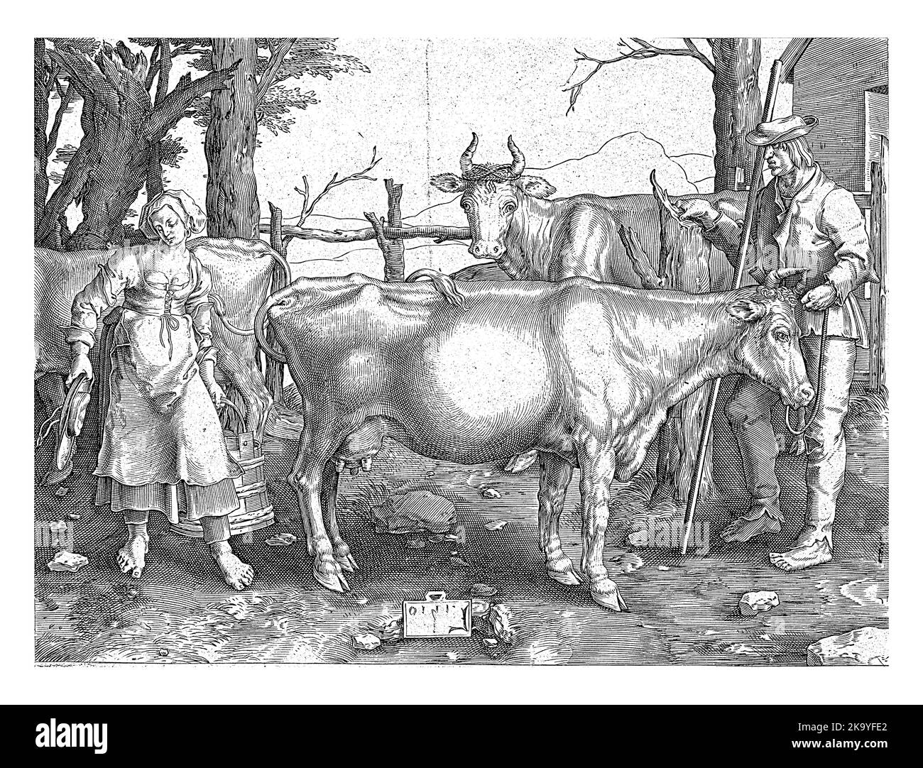 A farmer with a staff and a farmer's wife with a bucket with three cows ...