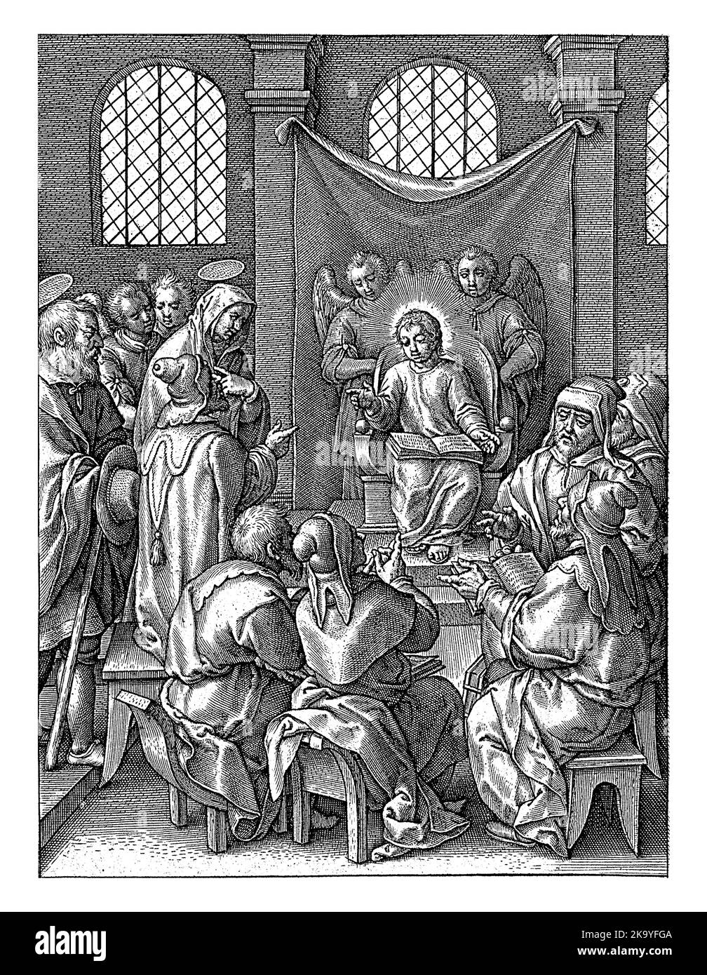 Christ as a twelve-year-old in the temple, Hieronymus Wierix, 1563 - before 1619 Christ sits on ...