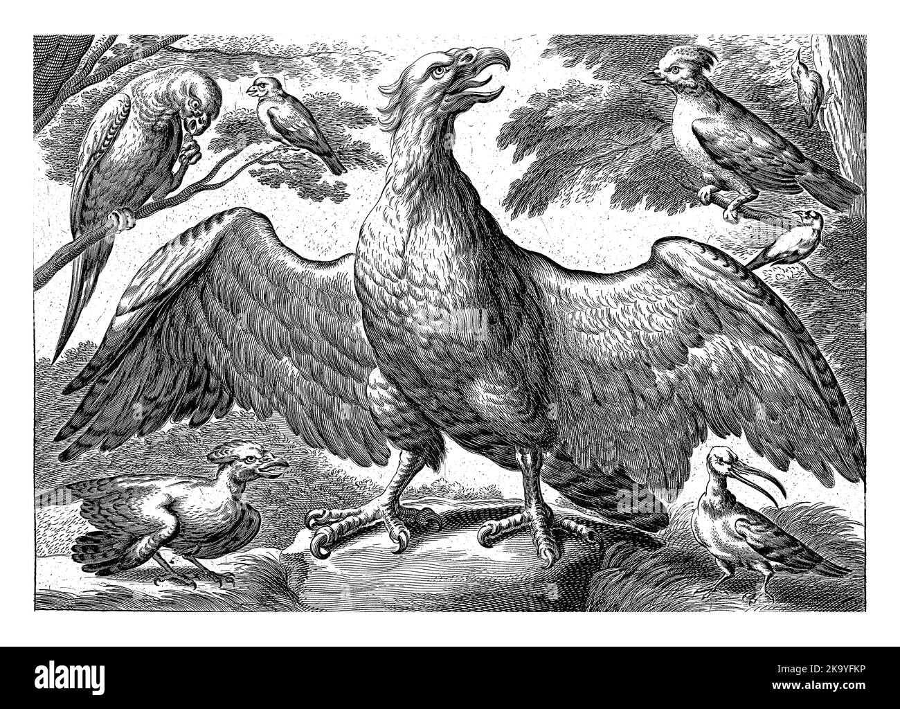 An eagle with outstretched wings, surrounded by various birds Stock ...