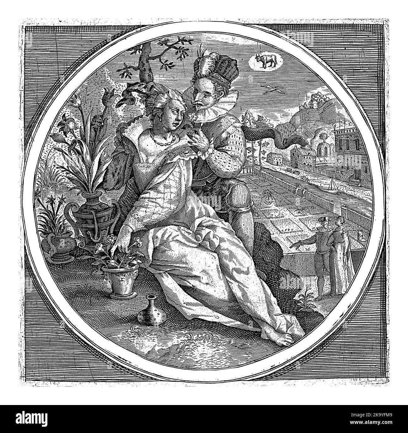 The month of April: loving couple sitting in a garden amidst flowers ...