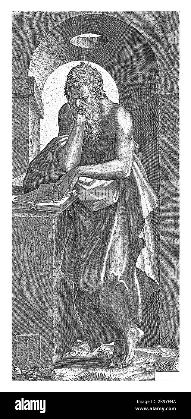 The apostle Simon standing before a bow, supporting his head with his ...