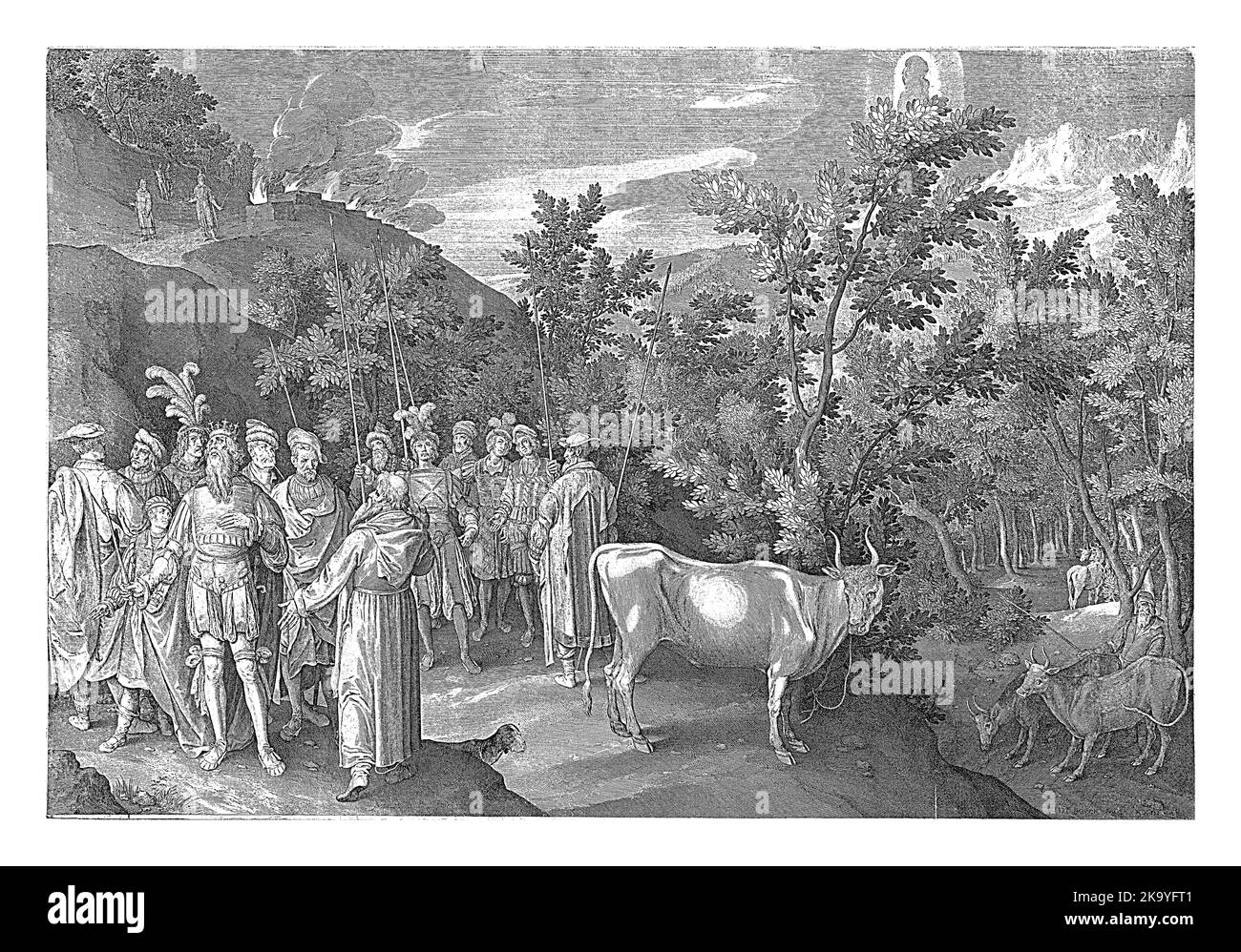 Balaam meets King Balak of Moab and his soldiers. Next to them some ...