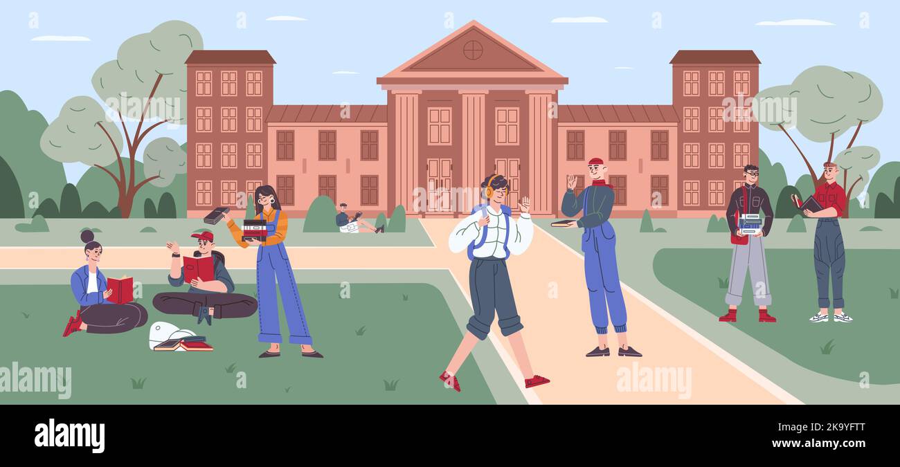 Students campus yard. Student lifestyle outside university or college ...