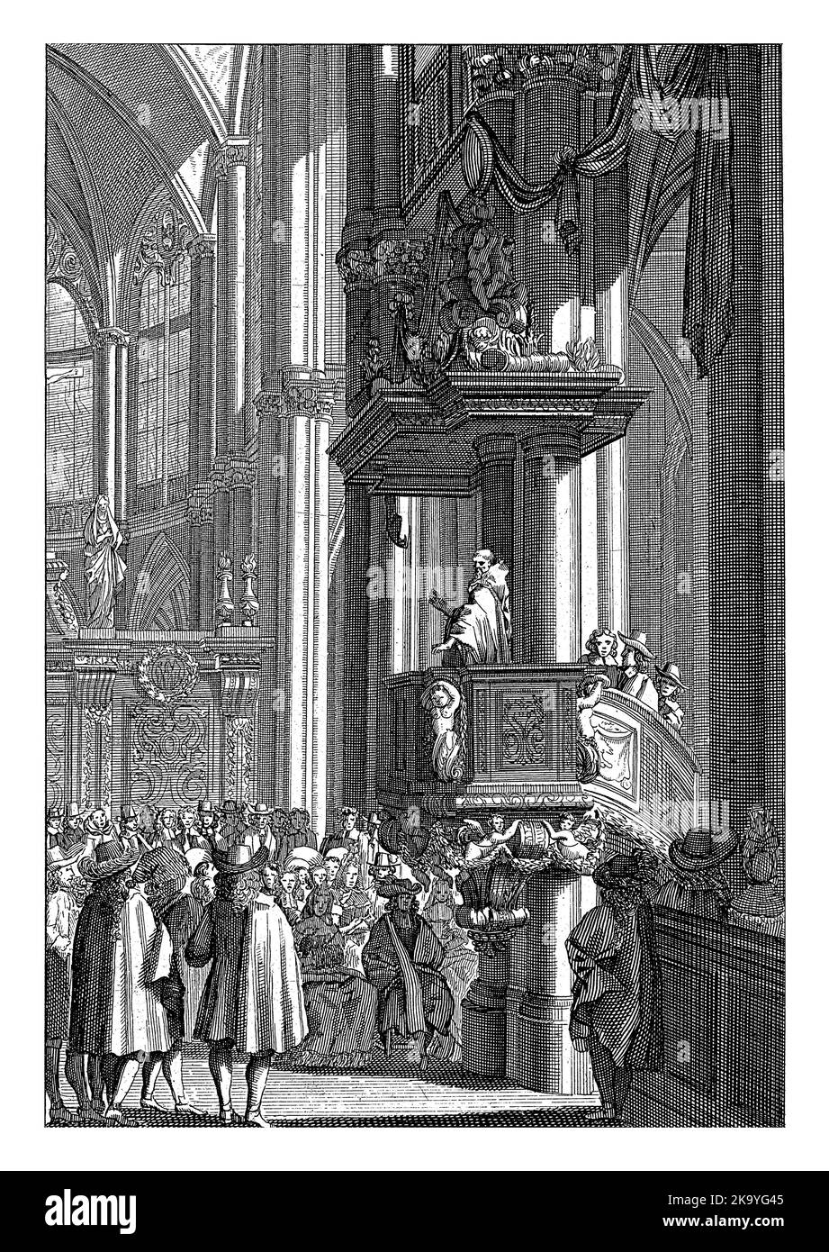 A preacher stands on the right of a pulpit or pulpit. Behind him are ...
